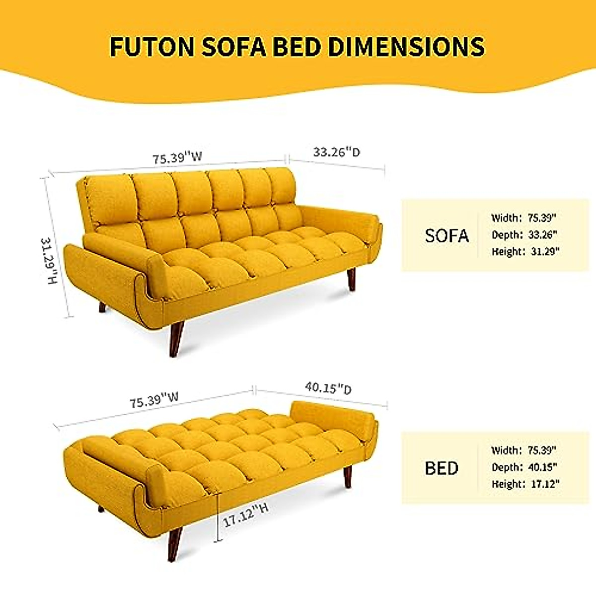 Homies Life Convertible Futon Sofa Bed, Linen Sleeper Couch, 75" W Modern 3 Seater Tufted Sofa with Adjustable Backrests and Soild Wood Legs for Living Room, Bedroom, Small Space, Yellow