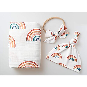 Miaoberry Organic Muslin Baby Swaddle Blanket and Hat Set Newborn Unisex Neutral Boy Girl| Boho Rainbow |Photo Props Birth Announcement Card