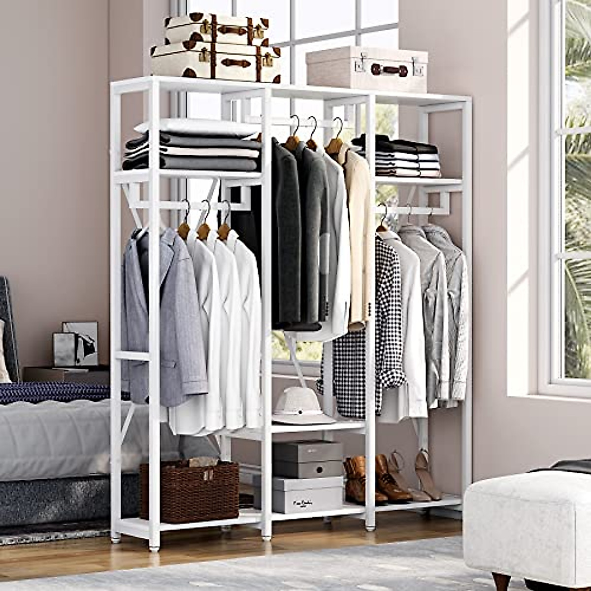 Tribesigns FreeStanding Closet Organizer, Industrial 3 Rod Garment Rack with 4-Tier Storage Shelf, Rustic Wardrobe Rack Clothes Rack for Hanging Clothes and Storage (White)