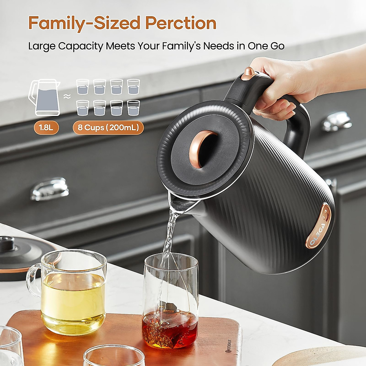 OLEGA Electric Kettle - 1500W Fast Boiling Electric Tea Kettle 1.8L BPA-Free Stainless Steel Hot Water Kettle Electric for Boiling Water Auto Shut Off Electric Water Kettle for Coffee Tea 120V