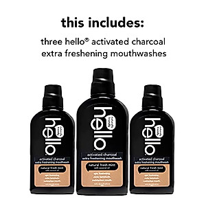Hello Activated Charcoal Extra Freshening Mouthwash, Natural Fresh Mint and Coconut Oil, Fluoride Free, Alcohol Free, Vegan, SLS Free and Gluten Free, 16 Fl Oz (Pack of 3)