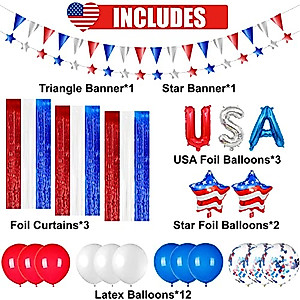 4th/Fourth of July Patriotic Decorations Set-Red White Blue Tinsel Foil Curtains,Star Garland Pennant Banner&Balloon, USA America Independence Day Decor Labor Day Party Supplies for Home,Outdoor