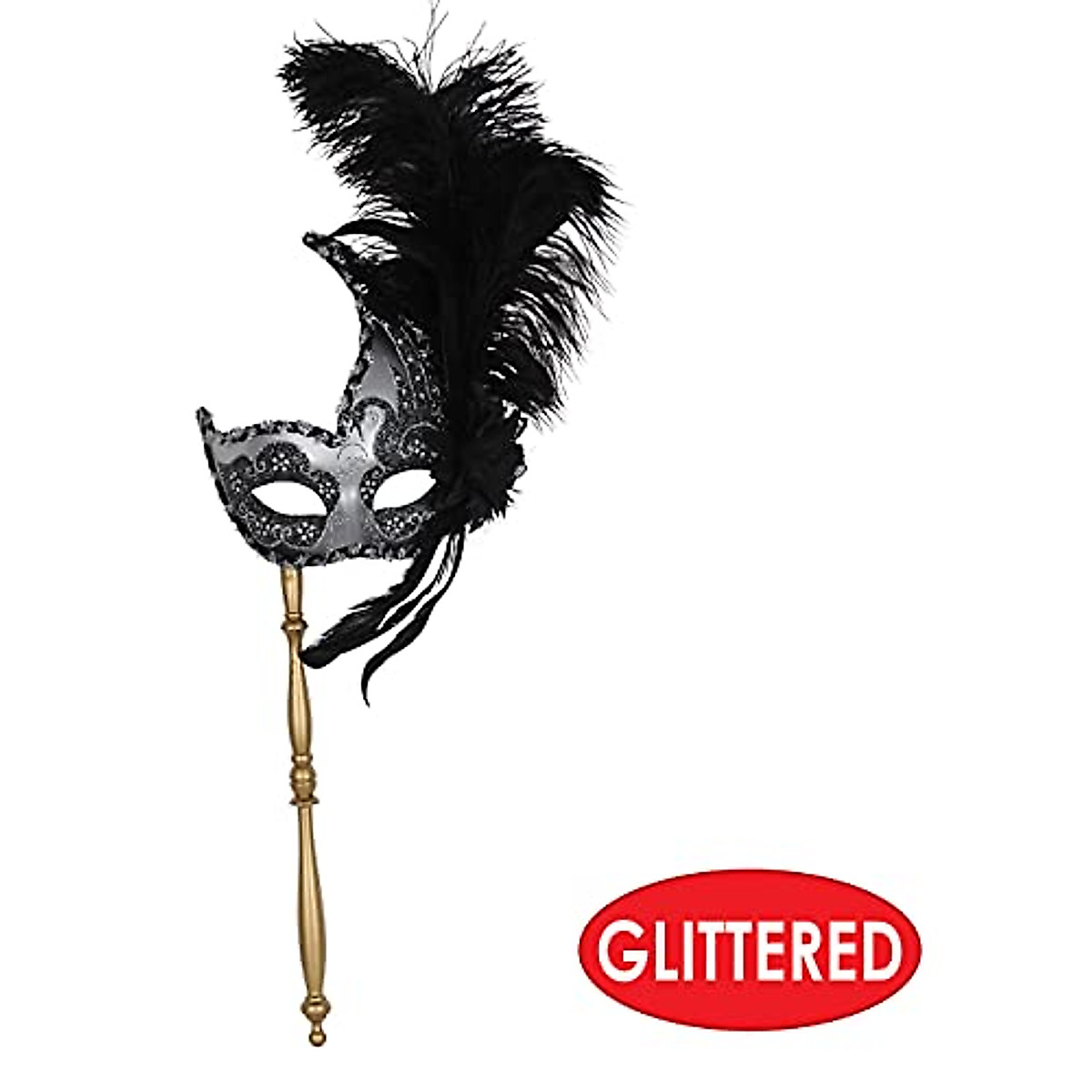 Beistle Plastic Costume Masquerade Mask on Stick With Feathers For Mardi Gras Party Supplies and Halloween Accessories