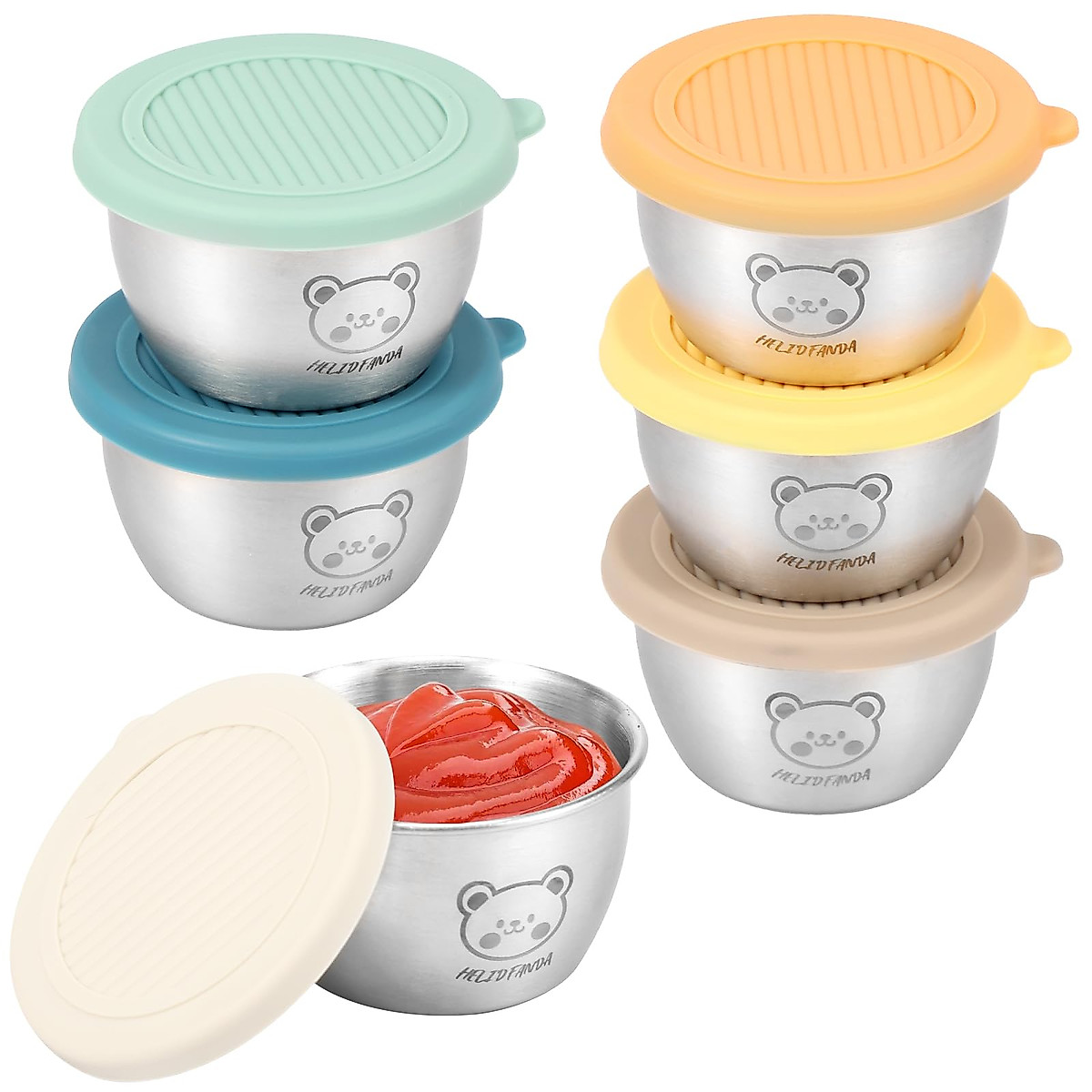 UKQRRTC 6Pcs Salad Dressing Containers 1.69 oz Small Salad Dressing Cups Stainless Steel Condiment Container with Silicone Lids Reusable Sauce Containers for School Kitchen Picnic Traveling (Style 2)