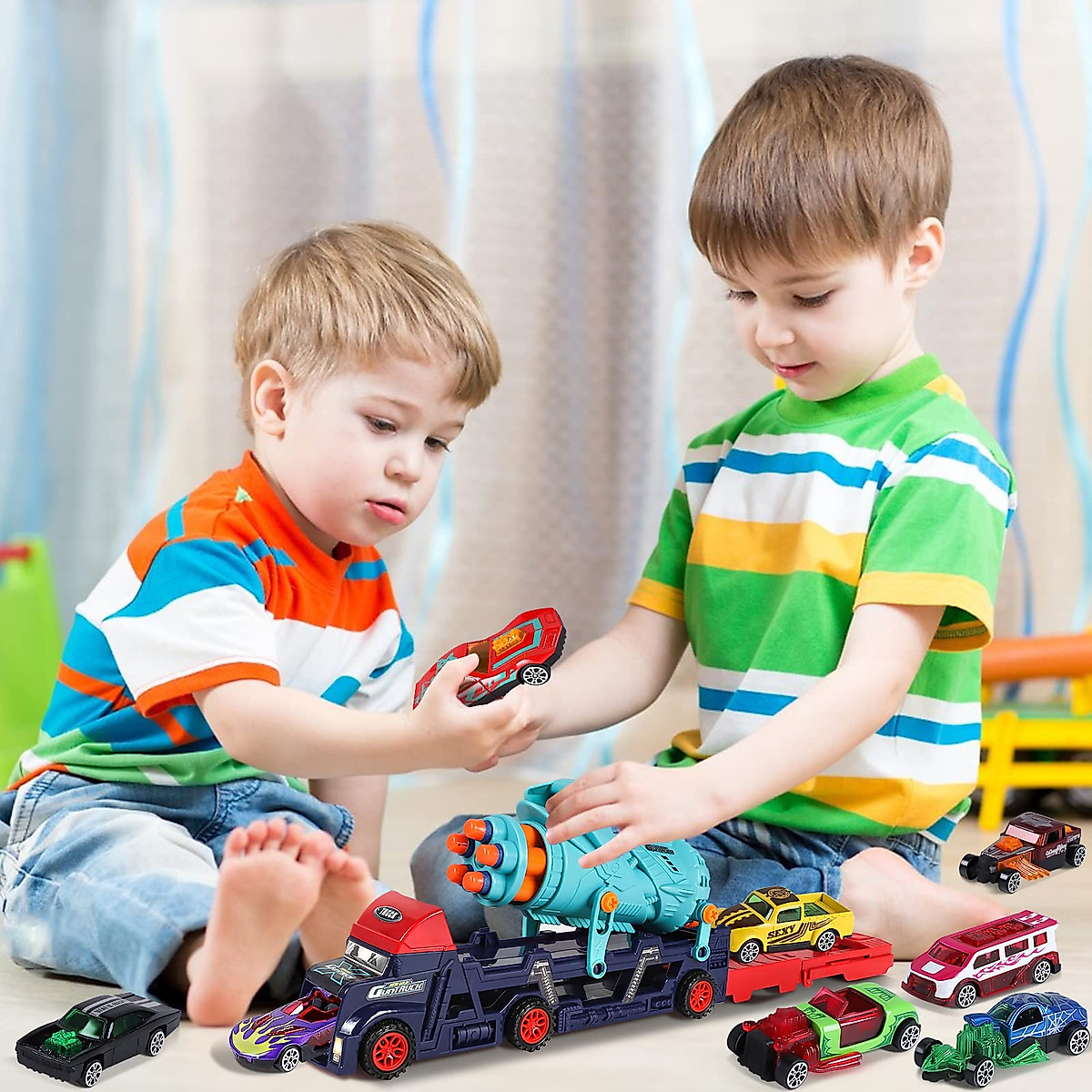 Car Carrier Truck Toys for Kids, Kids Transport Truck Carrier Toys for Boys, 4 in 1 Gatling Gun Catapult Speed Car with 8 Launch Alloy Truck, Ideal Gift for Boys for Kids Aged 3+…