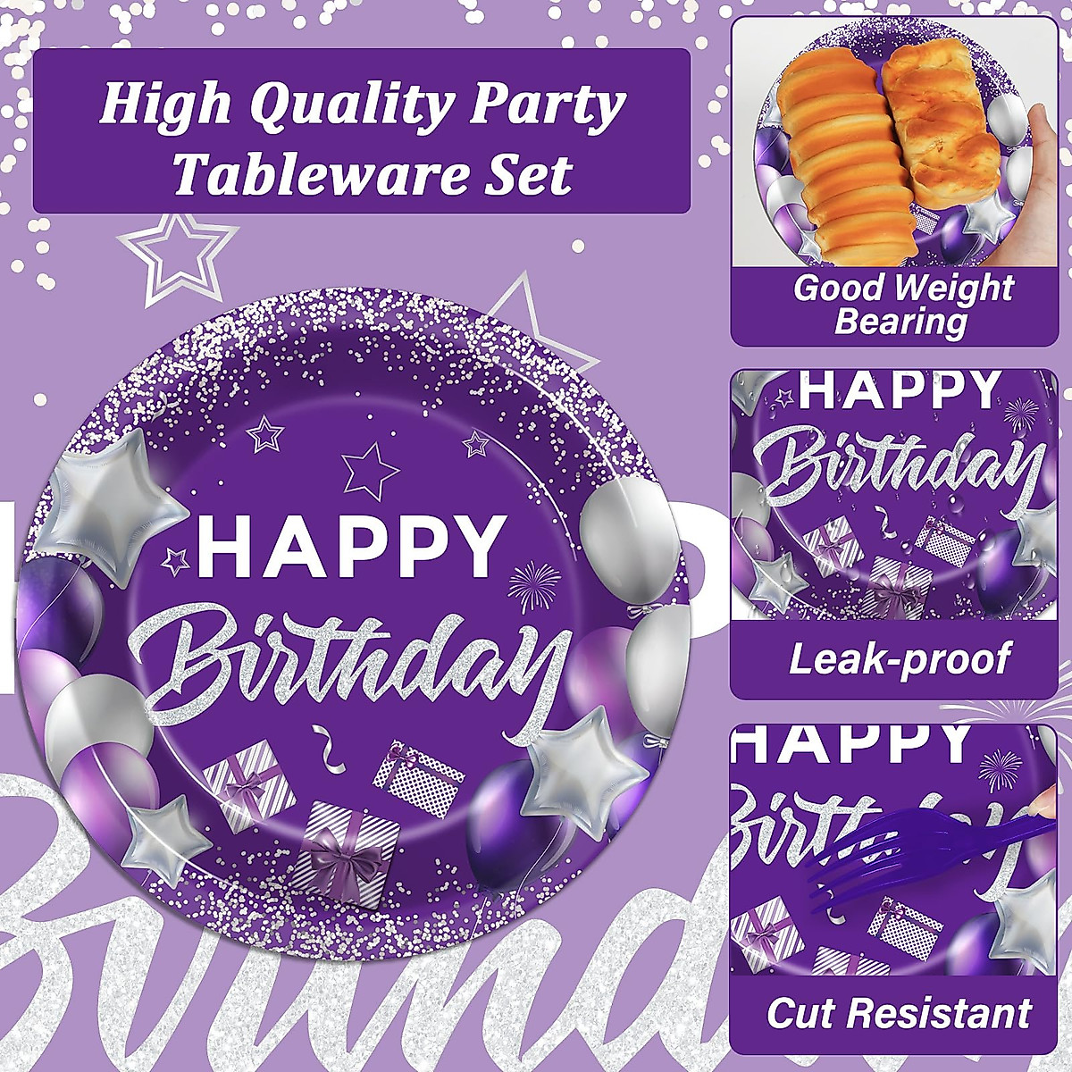 96 Pcs Purple Birthday Party Supplies Paper Plates Napkins Purple Silver Happy Birthday Tableware Set Dinner Dessert Table Decorations Favors for Women Girls Serves 24