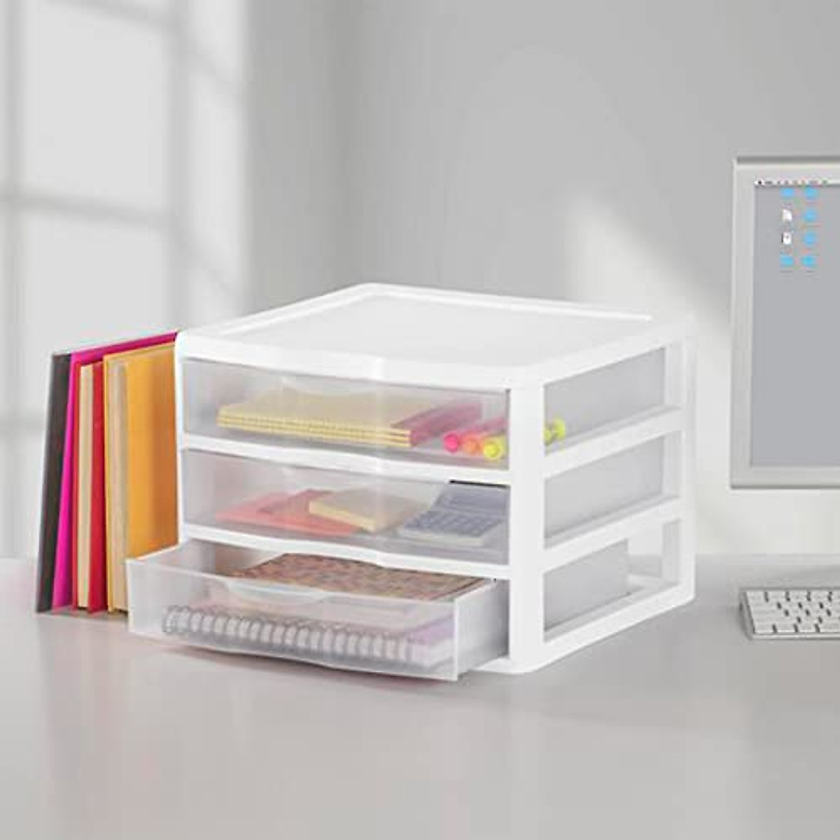 Sterilite Clear Plastic Stackable Small 3 Drawer Storage System for Home Office, Dorm Room, or Bathrooms, White Frame, (6 Pack)