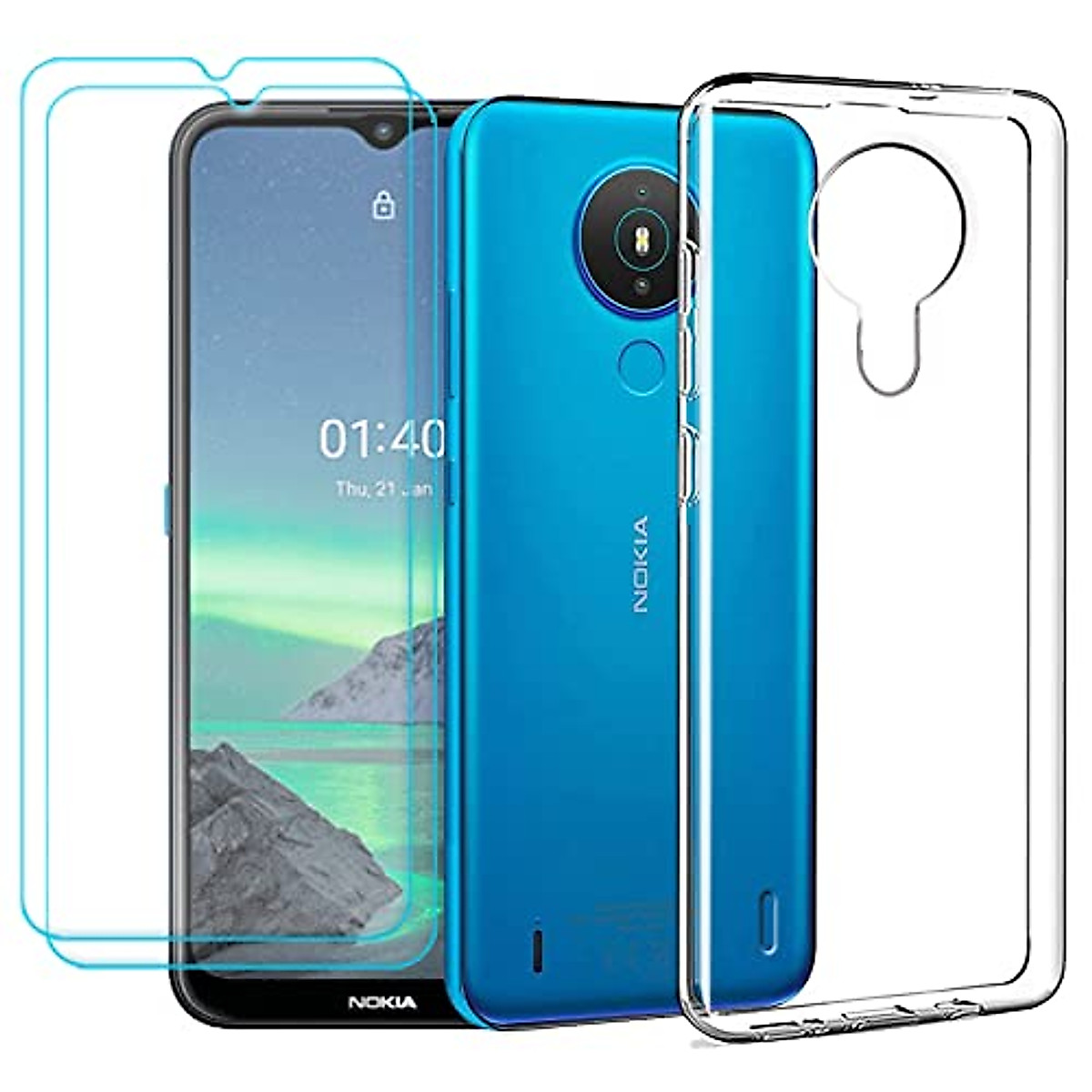 Ytaland for Nokia 1.4 Case, with 2 x Tempered Glass Screen Protector. Crystal Clear Silicone Shockproof TPU Bumper Protective Phone Case Cover