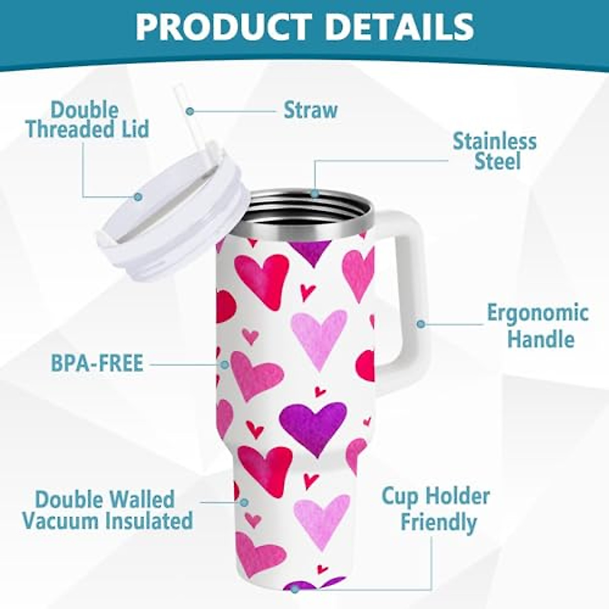 RPLIFE Watercolor Hearts White 40 Oz Tumbler with Handle, Stainless Steel Tumbler with Straw, Coffee Tumbler