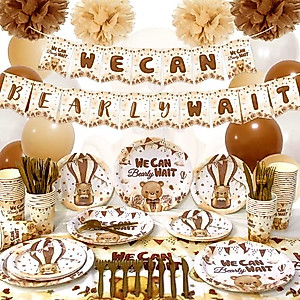Bear Baby Shower Tableware Set Decorations Baby Party Supplies Serves 24 We Can Bearly Wait Banner Gender Reveal Party Decor Boy Girl Neutral Bear Balloons Tablecloth Backdrop Banner and Plates Set for Baby Showers Bear Theme Birthdays Party