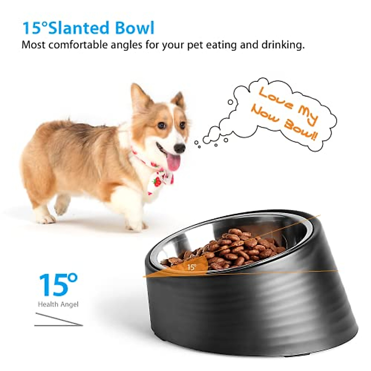 UPPETLY Tilted Angle Stainless Steel Dog Bowl, 15° Slanted No Spill Non-Skid Cat Food Bowl, Stress Free Food Grade Material Feeder for Pets Puppy Small Medium Dogs Black