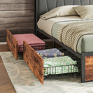 LIKIMIO Queen Bed Frame with 4 Storage Drawers, Platform Bed with Charged Headboard, Sturdy and Stable, No Noise, No Box Spring Needed, Easy to Install, Vintage Brown and Gray