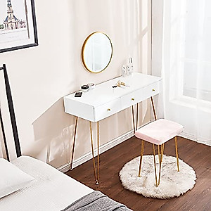 White Dressing Table Bedroom Vanity Table Chair Set with Cushioned Stool Wall Mount Mirror 3 Drawers Gold Hairpin Legs Makeup Table