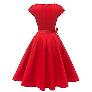 PUKAVT Women's 1950 Boatneck Cap Sleeve Vintage Swing Cocktail Party Dress with Pockets Red XL