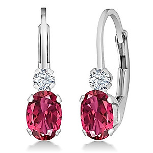 Gem Stone King 925 Sterling Silver Pink Tourmaline and White Created Sapphire Leverback Earrings For Women (0.84 Cttw, Gemstone October Birthstone, Oval 6X4MM, Round 2MM, 3/4 Inch)
