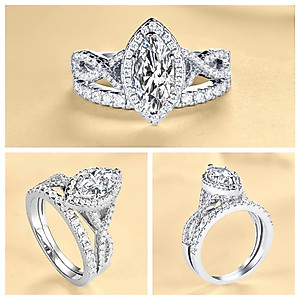 Marquise Bridal Sets Wedding Ring Set for Women Platinum Plated Silver, 1 Carat Center Moissanite Engagement Ring Set White Gold Vintage Anniversary Promise Rings for Her with Text Engraving（size 7