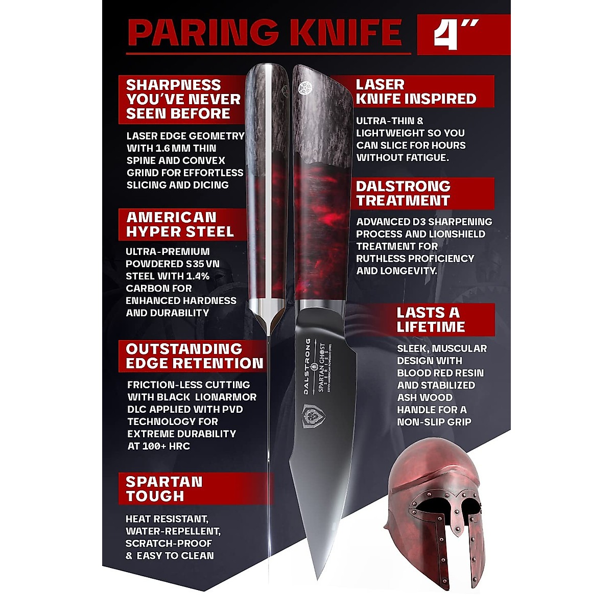 Dalstrong Paring Knife - 4 inch - Spartan Ghost Series - Premium American Forged S35VN Powdered Steel - Razor Sharp Blade - Kitchen Knife - Maple & Red Resin Handle - Sheath