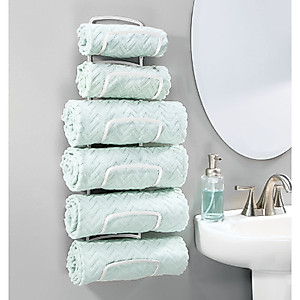 mDesign Steel Towel Holder for Bathroom Wall - Wall Mounted Organizer for Rolled Towels and Bath Robes - Six Level Wall Mount Towel Storage Rack - Bathroom Towel Organizer - Hyde Collection - White