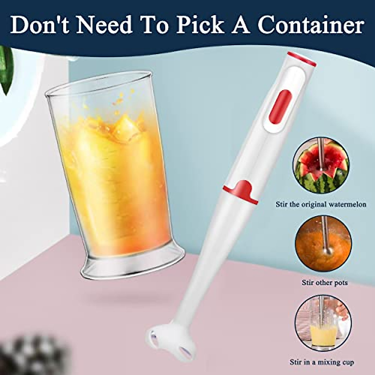 TIKABABA Electric Hand Immersion Blender with 400W Turbo Mode,mixing Smoothies,Purees,Soups,Sauces by 2 Stainless Steel Blades(Red)