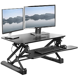 VIVO Black Deluxe Height Adjustable 36 inch Standing Desk Converter, Sit Stand Tabletop Dual Monitor and Laptop Riser Workstation, DESK-V000DB
