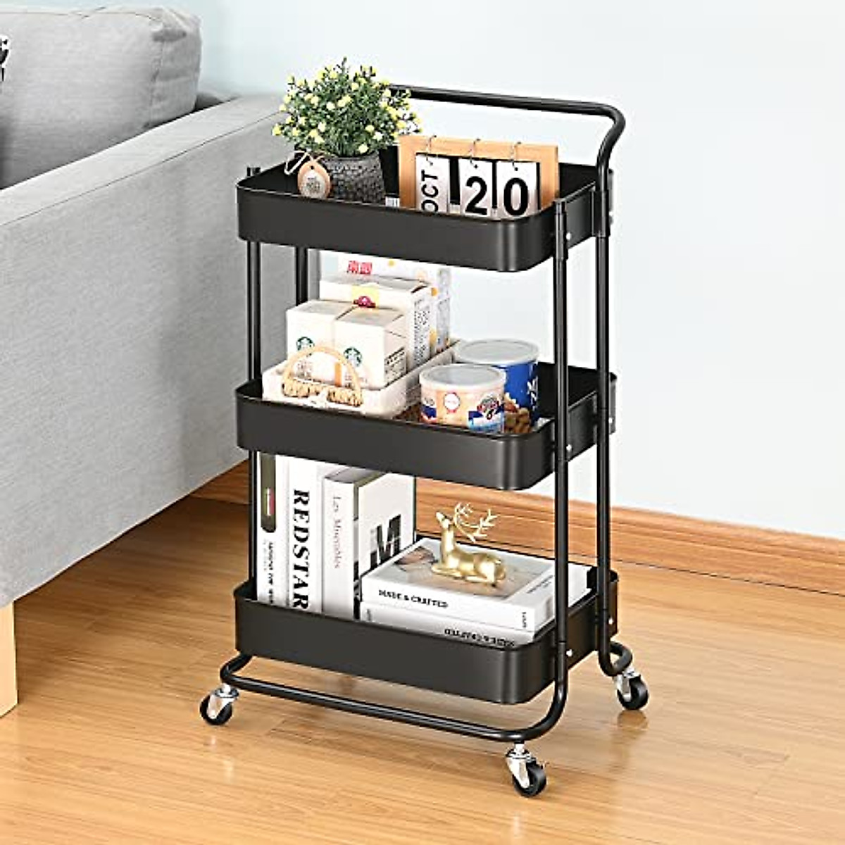 TOOLF 3 Tier Metal Rolling Cart, Utility Cart with Handle, Multifunction Storage Cart with Lockable Wheels, Serving Organizer Trolley with Mesh Basket for Kitchen, Bathroom, Office