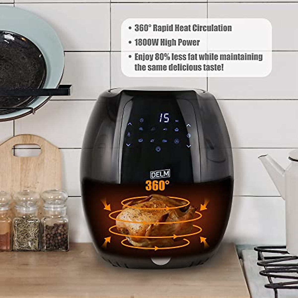 DELM Air Fryer Electric Hot Oven Oilless Cooker LED Touch Digital Screen with 8 Cooking Functions, Airfryer Preheat and Shake Reminder, Nonstick Basket,deep fryer xl digital, 6.3 QT-Black,beginners recipes included!