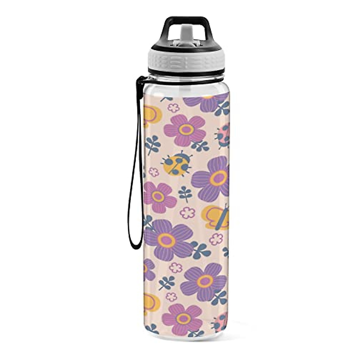 Wusikd Flowers Butterflies Water Bottle Tritan BPA-Free Drink and Straw Leakproof Motivational Ladybug Drinking Water Bottles with Carrying Strap for Office, Gym, Outdoor Sports