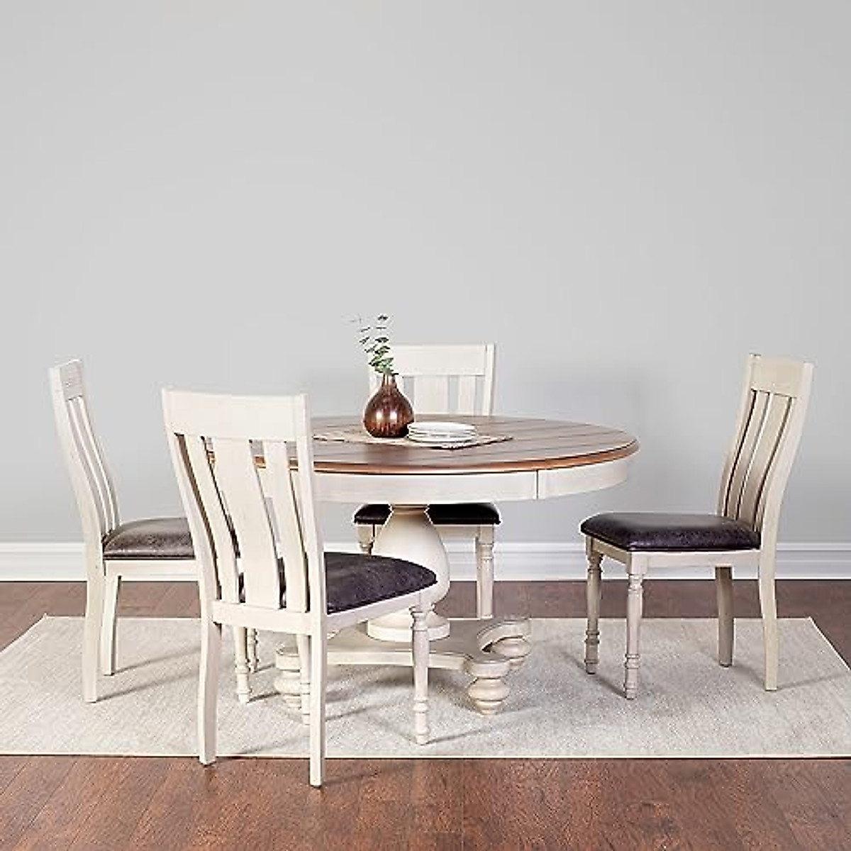 Roundhill Furniture Arch Solid Wood Dining Set: Round Table, Four Chairs, Distressed White and Dark Oak