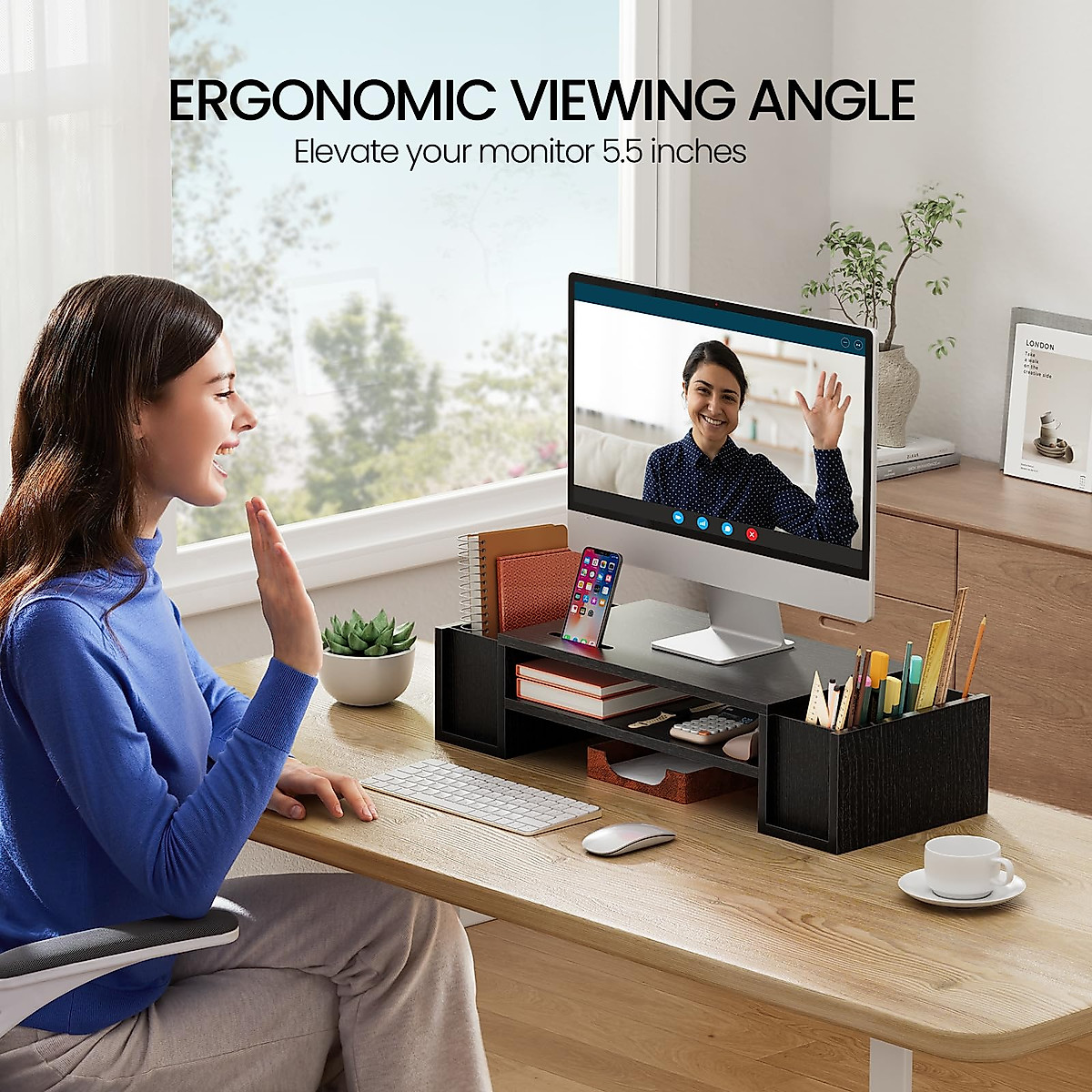 AMERIERGO Monitor Stand Desk Organization with DIY Storage Space, Monitor Riser Stand with Storage with 2 Slots & Phone Holder, Computer Stand 2 Tier for Home Office Use