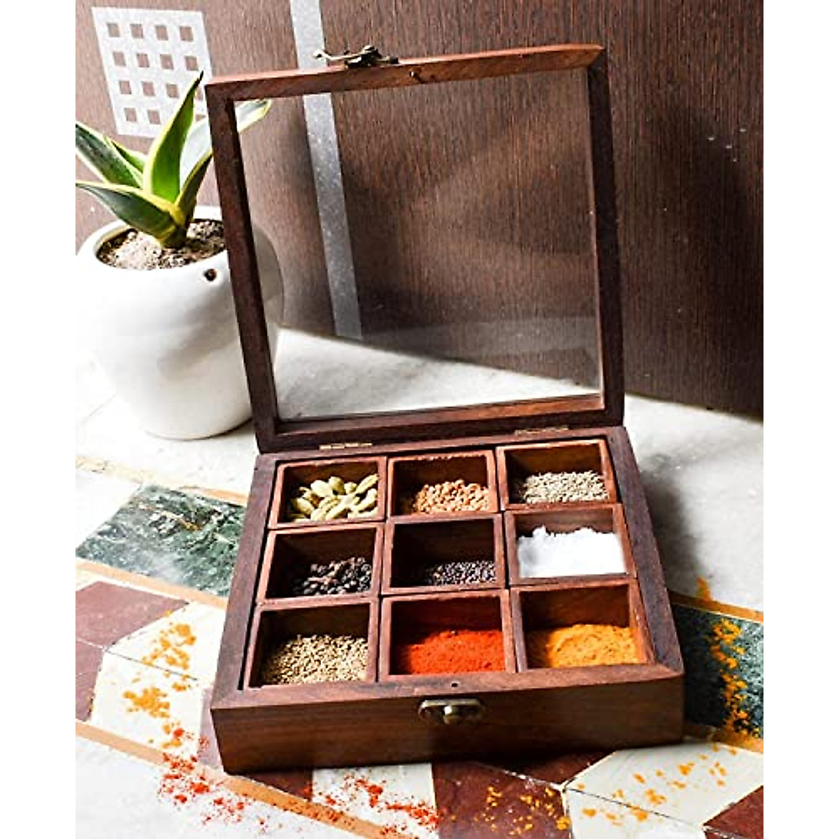 Ajuny Wooden 9 Containers Masala Dabba Spice Box with Glass Lid on Top and Spoon, 5.5x20.5 Cm