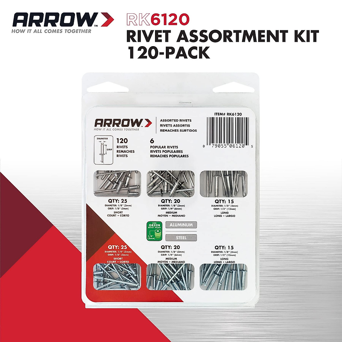 Arrow RK6120 Pop Rivet Assortment Kit for Metal, Fabric, Leather, and Auto Repair, Aluminum and Steel, 1/8-Inch, 120-Pack