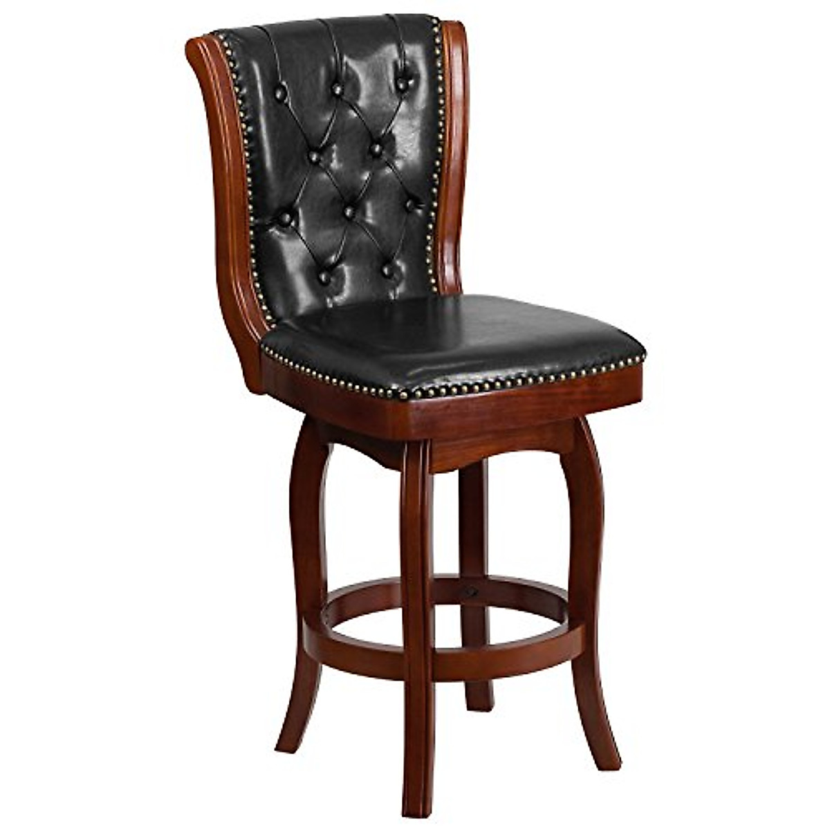 Flash Furniture 26'' High Cherry Wood Counter Height Stool with Button Tufted Back and Black LeatherSoft Swivel Seat