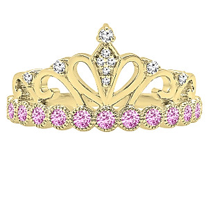 Dazzlingrock Collection Round Pink Sapphire & White Diamond Crown Style Engagement Ring for Women in 10K Yellow Gold, Size 6.5