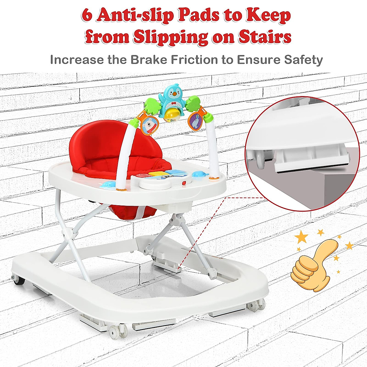 INFANS Foldable Activity Baby Walker, 2 in 1 Anti-Rollover Toddler Walker Helper with Adjustable Height and Speed Safety Belt, Music Center for Boys and Girls (Red)