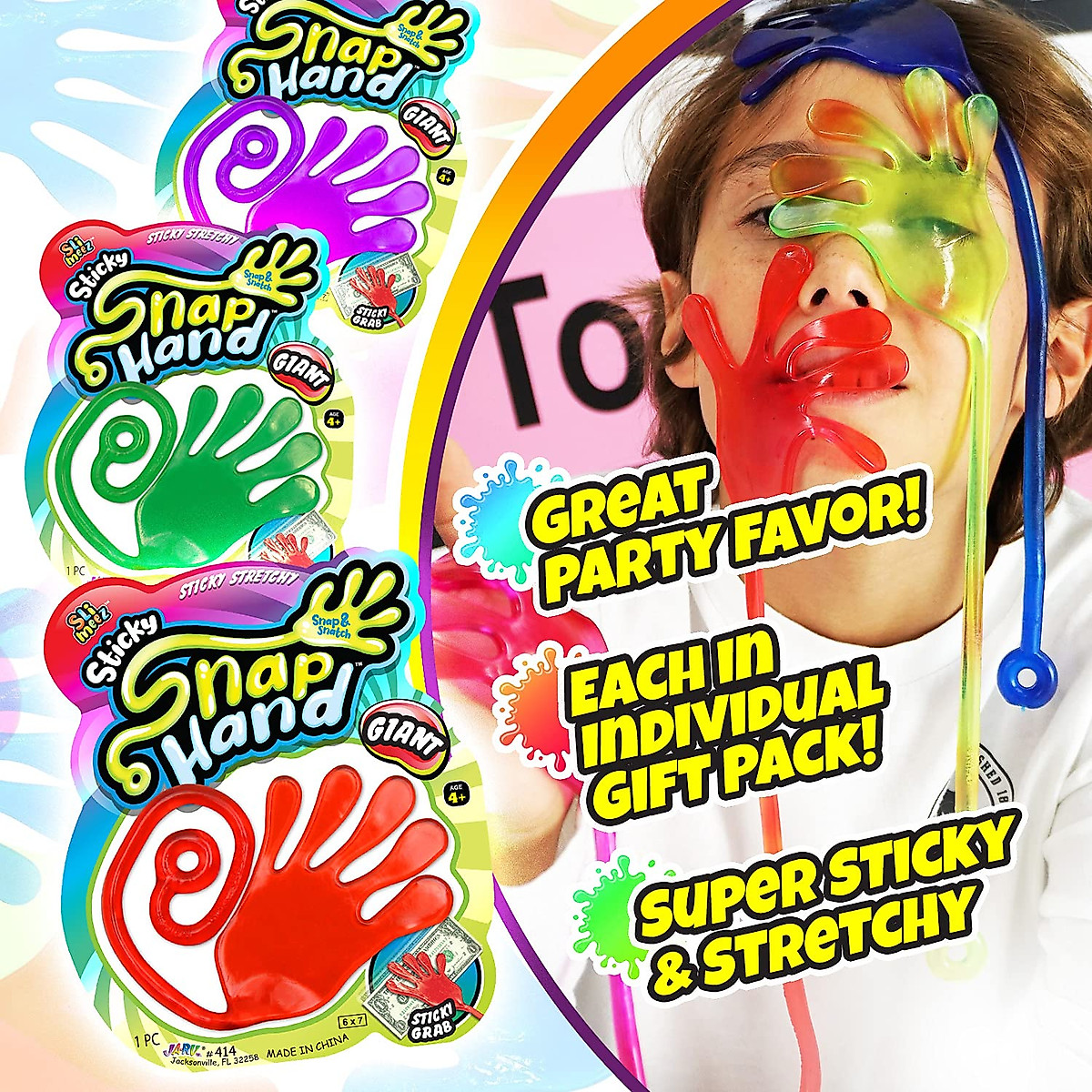 Fun a Ton Giant Snap Hand-Jumbo Sticky Hands Toy (4 Pack Assorted) Large Stretchy Toy for Kids. Party Favors, Classroom Prizes, Birthday Gifts Easter Day Goodie Bags Stuffers Bulk. 414-4s
