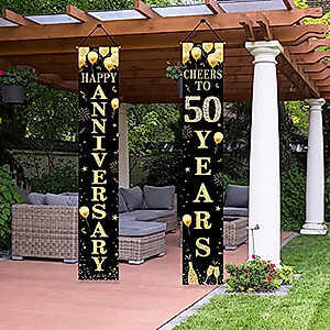 Happy 50th Anniversary Door Banner Decorations, 50 Wedding Anniversary Cheers to 50 Years Party Supplies, Black Gold Fifty Anniversary Welcome Door Décor Sign