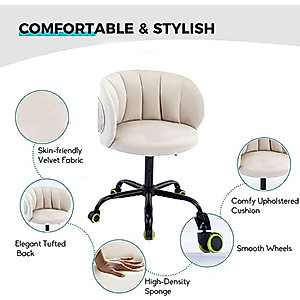 SSLine Elegant Velvet Desk Chair for Girls Women Modern Swivel Office Computer Chair with Black Base Wheels Upholstered Cute Vanity Chair Task Chair w/Tufted Back for Home Study Living Room(Beige)