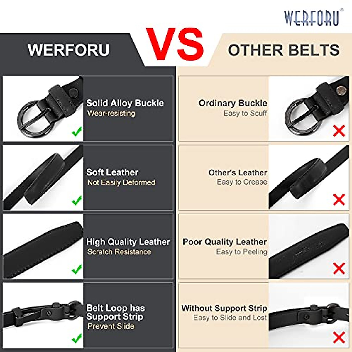 WERFORU 2 Pack Women Belt Skinny Waist Dress Belts Solid Pin Buckle Belt for Jeans Pants,Black+Coffee, Fit Size 46-50 inches