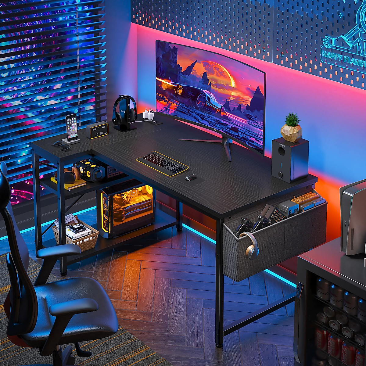 EnHomee 47" Computer Desk with Power Outlets,L Shaped Desk with Storage Shelves,Home Offic Corner Desk for Work,Writing Study Desk with Gaming Desk for Bedroom Office Dorm,Black