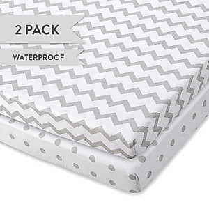 Ely's & Co. Kid's Waterproof Pack n Play Portable Mini Crib Sheet with Mattress Pad Cover Protection, White and Grey Chevron and Polka Dots (2 Pack)