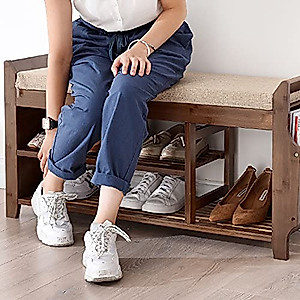 ZLELOUY Shoe Bench Shoe Rack Boot Organizer with baskets drawers For Hallway Entryway 2-Tier Bamboo Cushion Storage Shelf