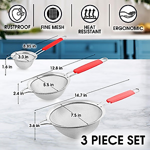 Zulay Kitchen Premium Stainless Steel Fine Mesh Strainer Set - Strainers For Kitchen (Set of 3) With Non-Slip Handles - Includes A Small, Medium & Large Fine Mesh Sieve Set - Durable Metal Strainer