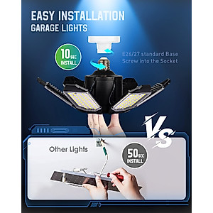 LIGHTNUM 6-Pack LED Garage Light, 16000Lm Deformable LED Garage Ceiling Light with 6 Adjustable Panels 6500k Led Shop Light Screw in E26/E27 Bulb Socket Compatible for Workshop Storage Room Basement