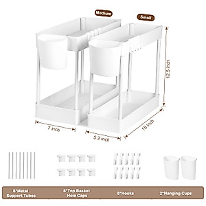 sagecapri 3 Pack Under Sink Organizer, 2 Tier Under Kitchen Bathroom Sink Storage with Hooks & Haning Cups, Multi-Purpose Cabinet Organization Basket Storage Shelf for Restroom Bedroom Living room