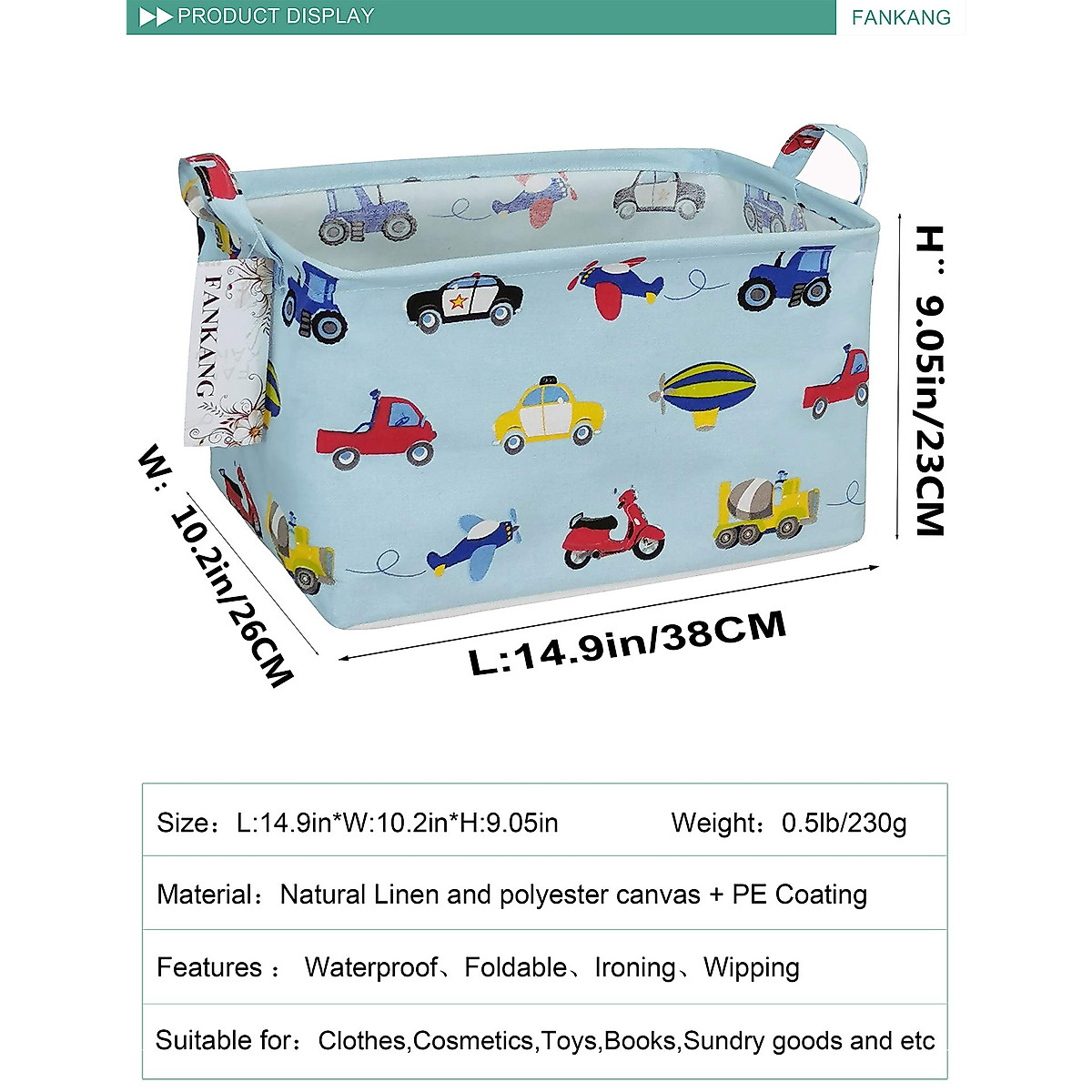 FANKANG Storage Basket,Nursery Hamper Canvas Laundry Basket Foldable with Waterproof PE Coating Storage, Office, Bedroom, Clothes,Toys (Rec-Car)