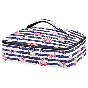 Kcldeci Insulated Thermal Food Carrier Insulated Casserole Carrier for Hot or Cold Food,Navy Striped Red Bows Insulated Tote Bag for Potluck Cookouts Parties Picnic,Lasagna Lugger