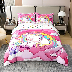 Feelyou Girls Cute Unicorn Reversible Bedding Set Full Size Kids Unicorn Comforter Cover Set for Boys Unicorn Glitter Pink Duvet Cover 100% Cotton Cute Animal Bedspread Cover Room Decor Quilt Cover