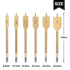 6-Piece Spade Drill Bit Set,Carbon Steel Paddle Flat Bits, for Hole Cutter Woodworking (3/8",1/2", 5/8", 3/4", 7/8", 1")