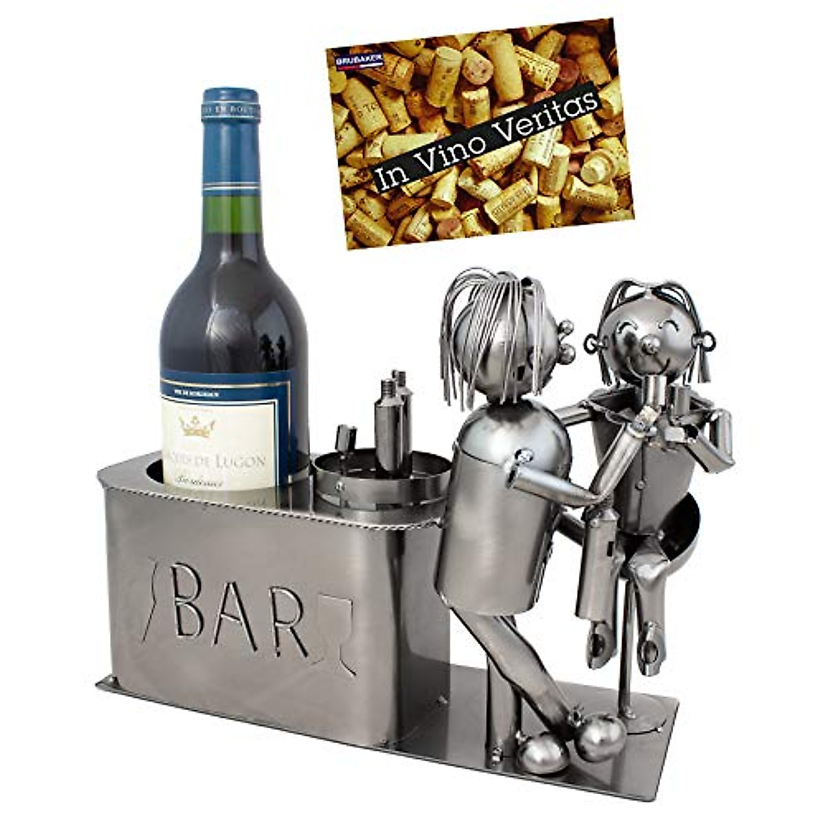 BRUBAKER Wine Bottle Holder 'Couple in Bar' - Table Top Metal Sculpture - with Greeting Card