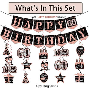 60th Birthday Decorations for Women, Pink and Black 1963 Birthday Party Decorations Include Happy 60th Birthday Banner and Hanging Swirls, Happy 60th Birthday Party Decor for Women